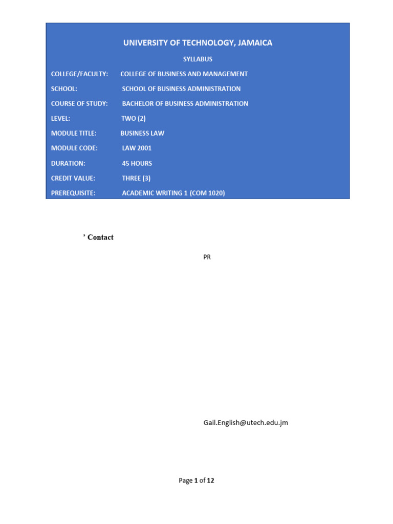 Module Outline Business Law (LAW2001) AY 2024.25 Semester 2 With ...