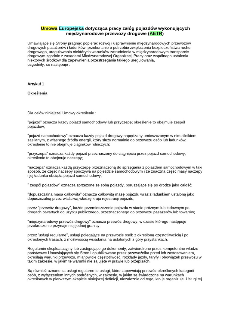 (AETR) Umowa Europejska Dotycząca Pracy Załóg Pojazdów Wykonujących ...
