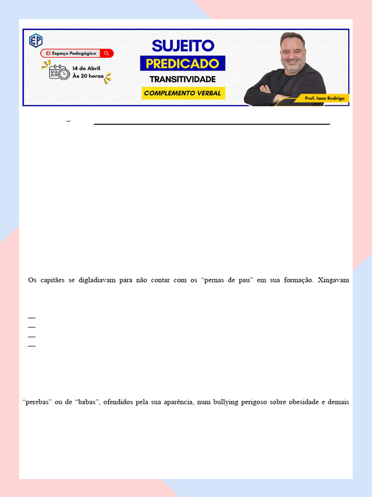 Sujeito - Predicado - Transitividade - Complemento Verbal | PDF | Assunto (gramática)