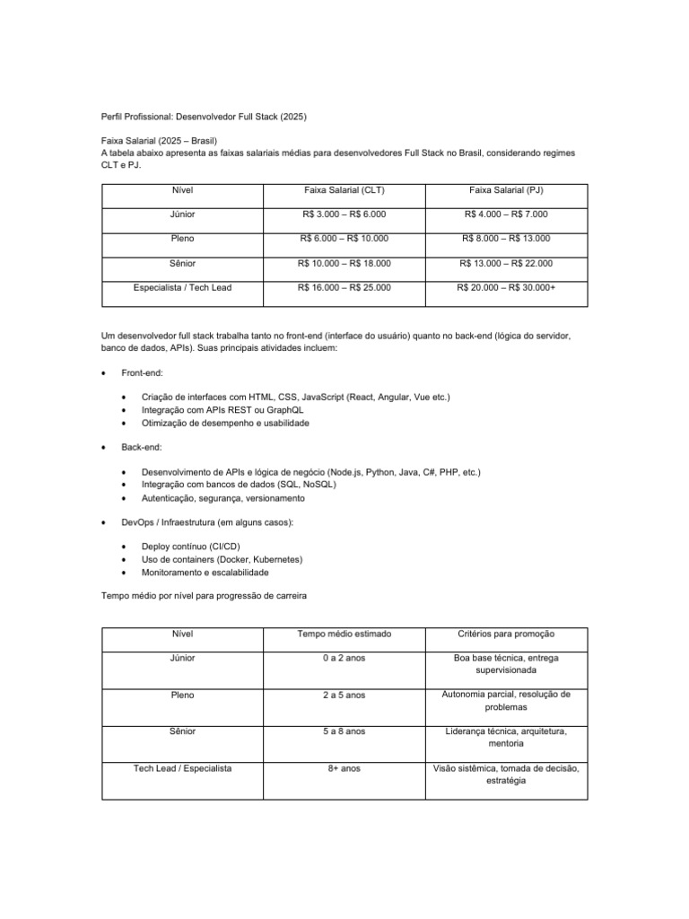 Salário e Perfil do Desenvolvedor Full Stack 2025 | PDF | Programação ...