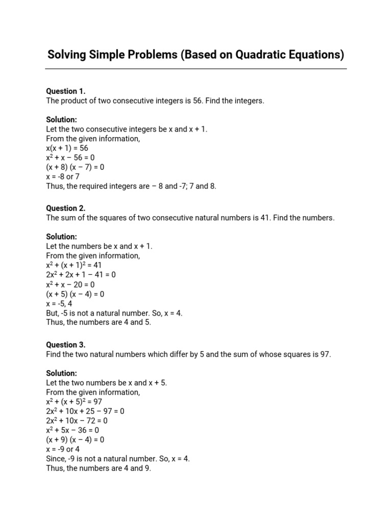 Solving Simple Problems Based On Quadratic Equations Solutions | PDF ...