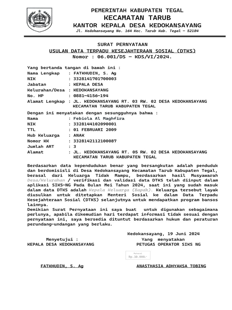 SURAT PERNYATAAN USULAN DTKS-digabungkan | PDF