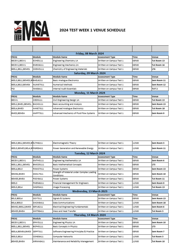 2024 Test Week 1 Venue Schedule | PDF | Engineering | Accounting