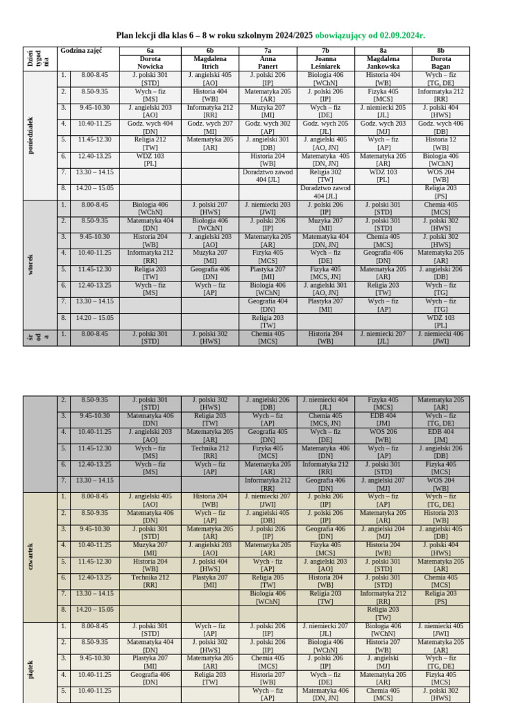 Plan Lekcji Klas 6-8 2024-25 1 | PDF