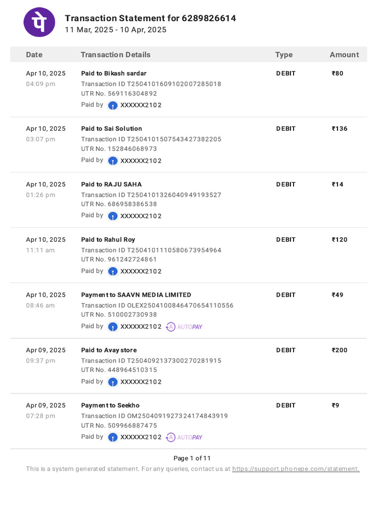 PhonePe Statement Mar2025 Apr2025 | PDF | Debit Card | Retail Financial Services