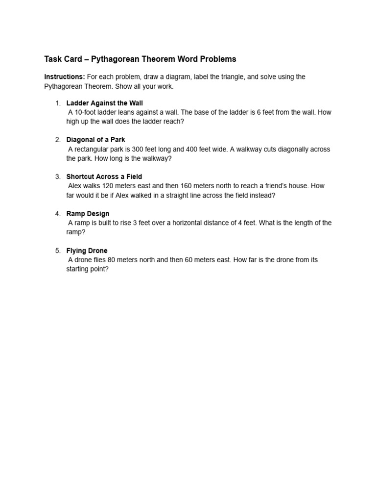Task Card - Pythagorean Theorem Word Problems | PDF