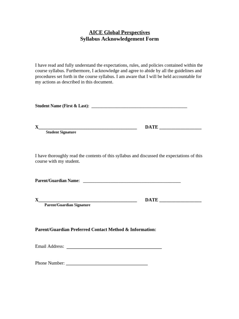 Syllabus Acknowledgement Form AICE Global Perspectives | PDF