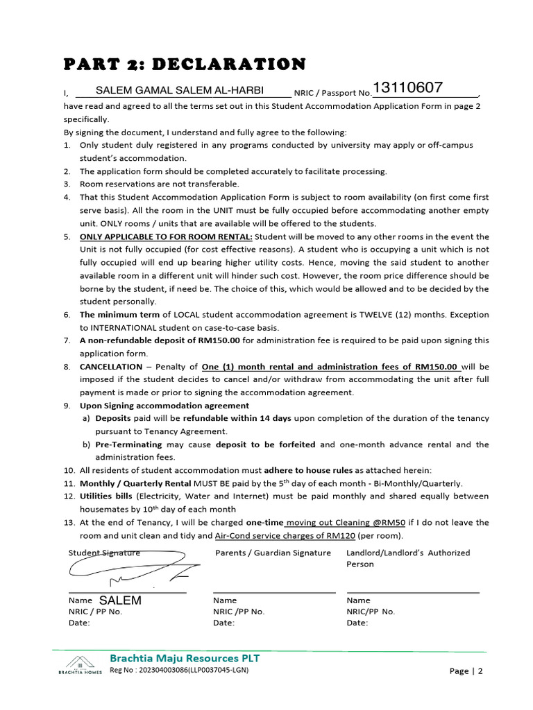 Student Accommodation Declaration Form 2024 | PDF | Lease