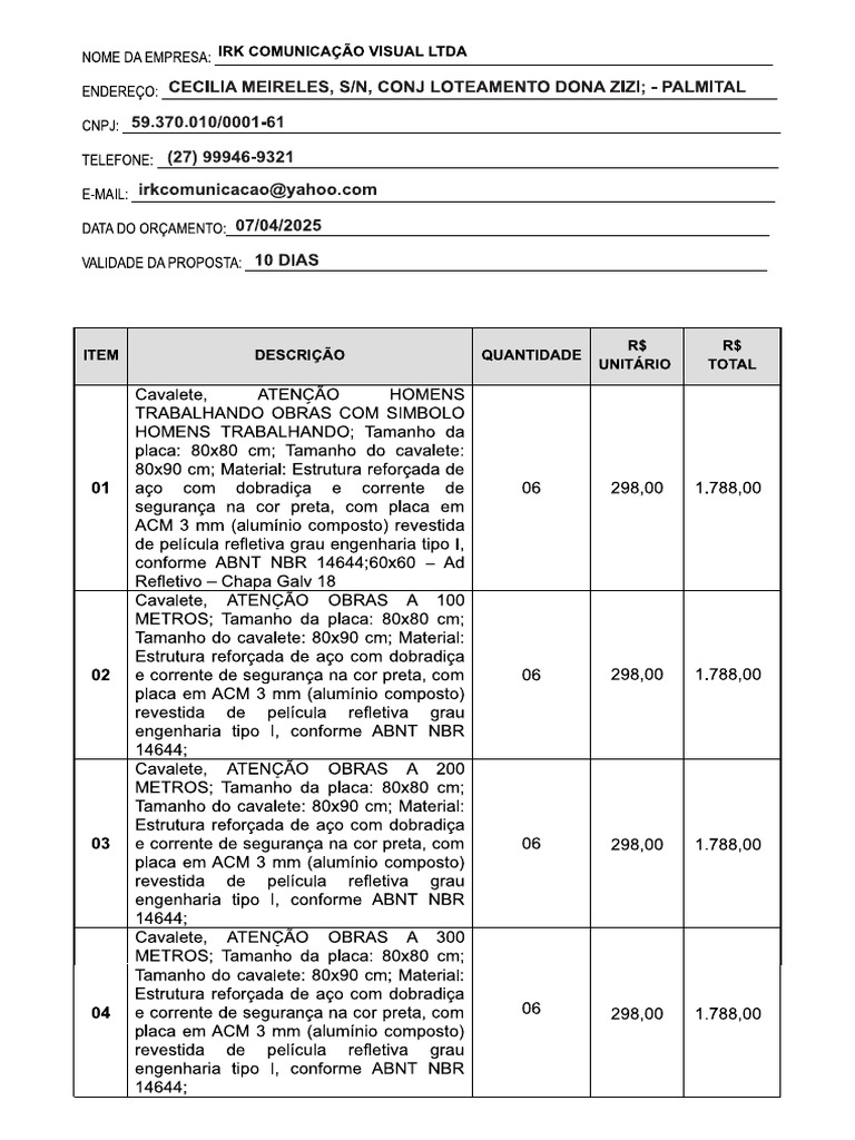 Orçamento Cavaletes Saae 07-04-2025 Irk | PDF
