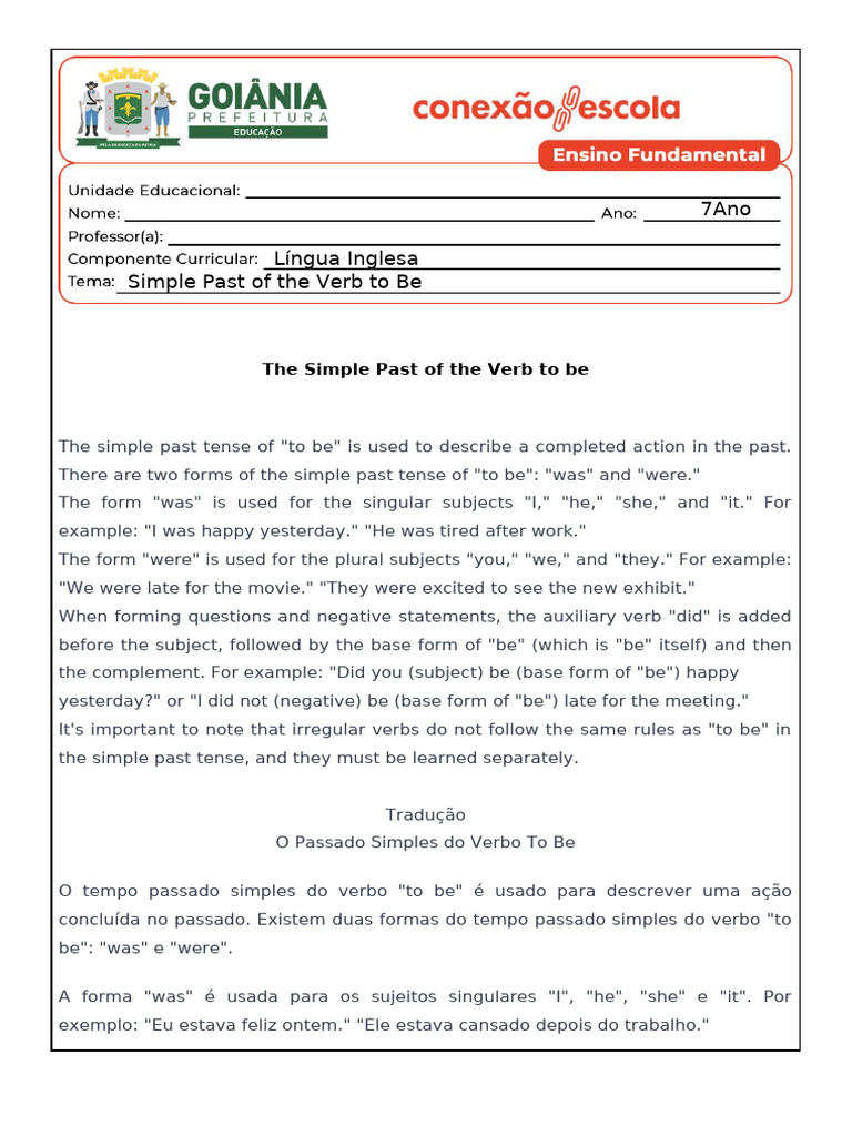 Passado Simples do Verbo To Be | PDF | Gramática | Linguística