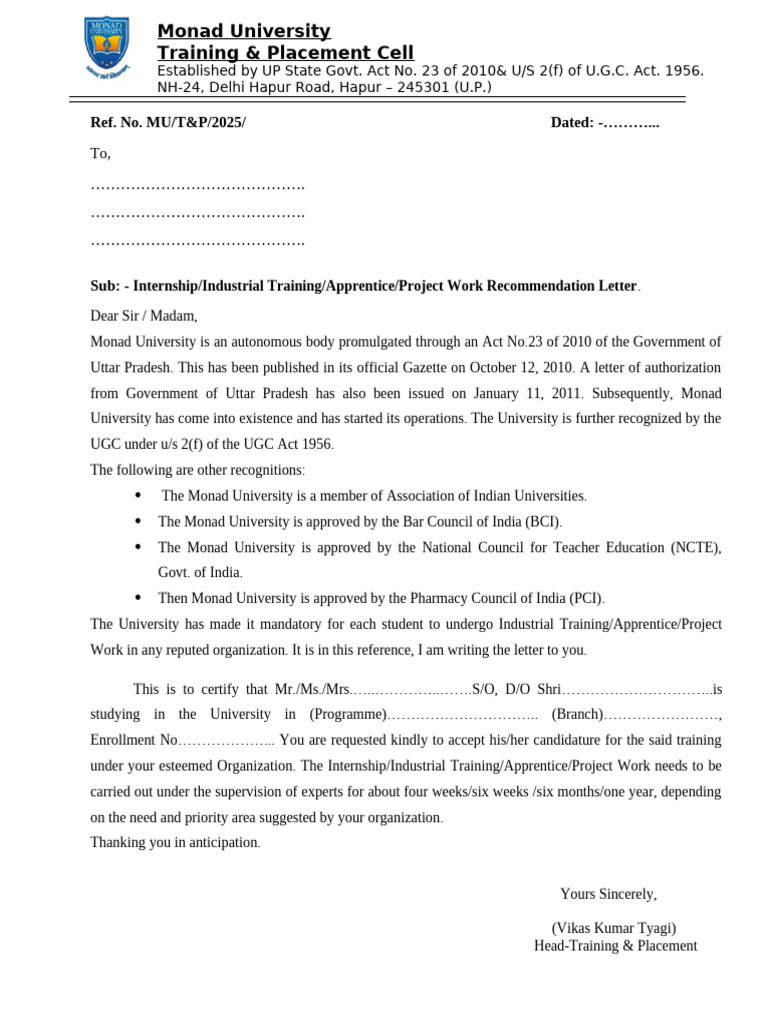 Monad University Training Recommendation Letter | PDF