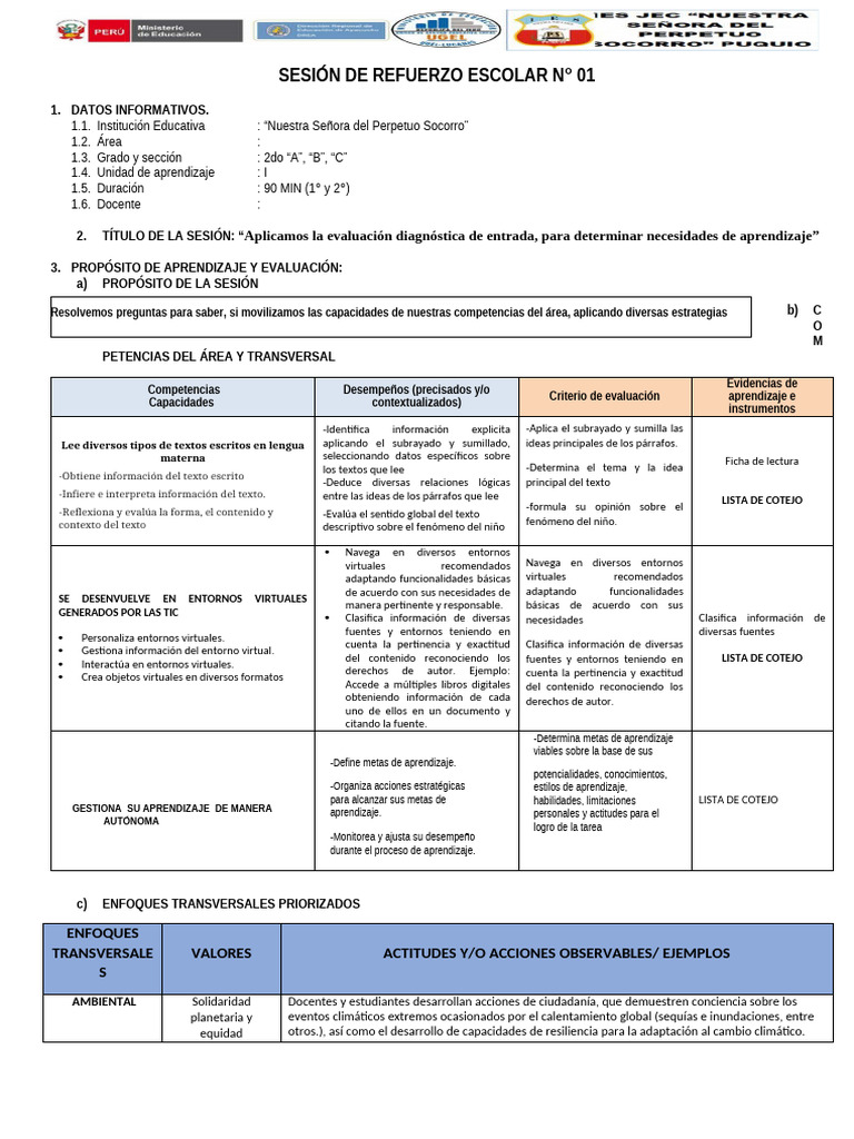 Sesión de Refuerzo Escolar NSPS 2025 | PDF | Aprendizaje | Evaluación