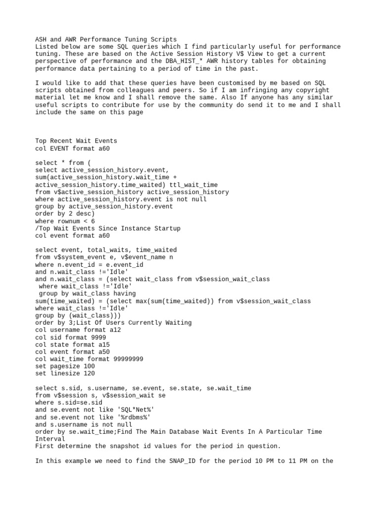 ASH and AWR Performance Tuning Scripts | PDF | Information Retrieval | Computer Programming