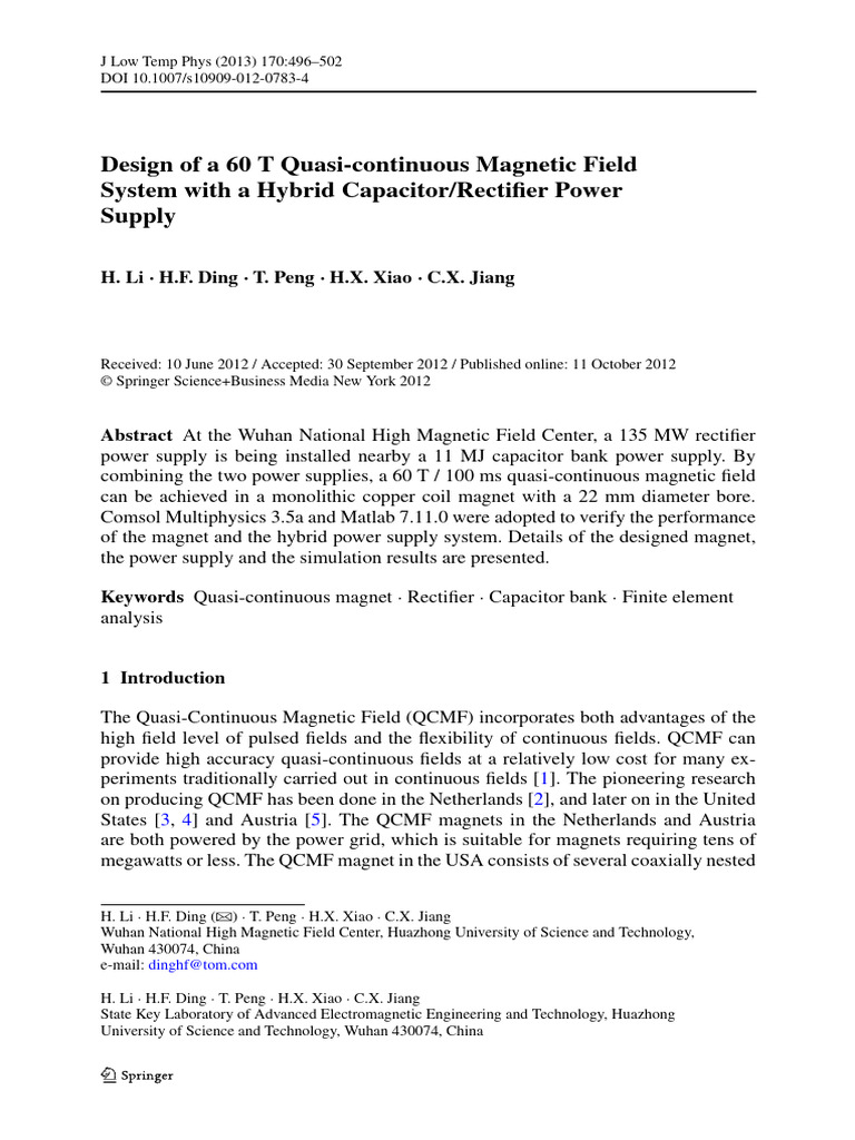 Design of A 60 T Quasi-Continuous Magnetic Field System With A Hybrid Capacitor | PDF ...