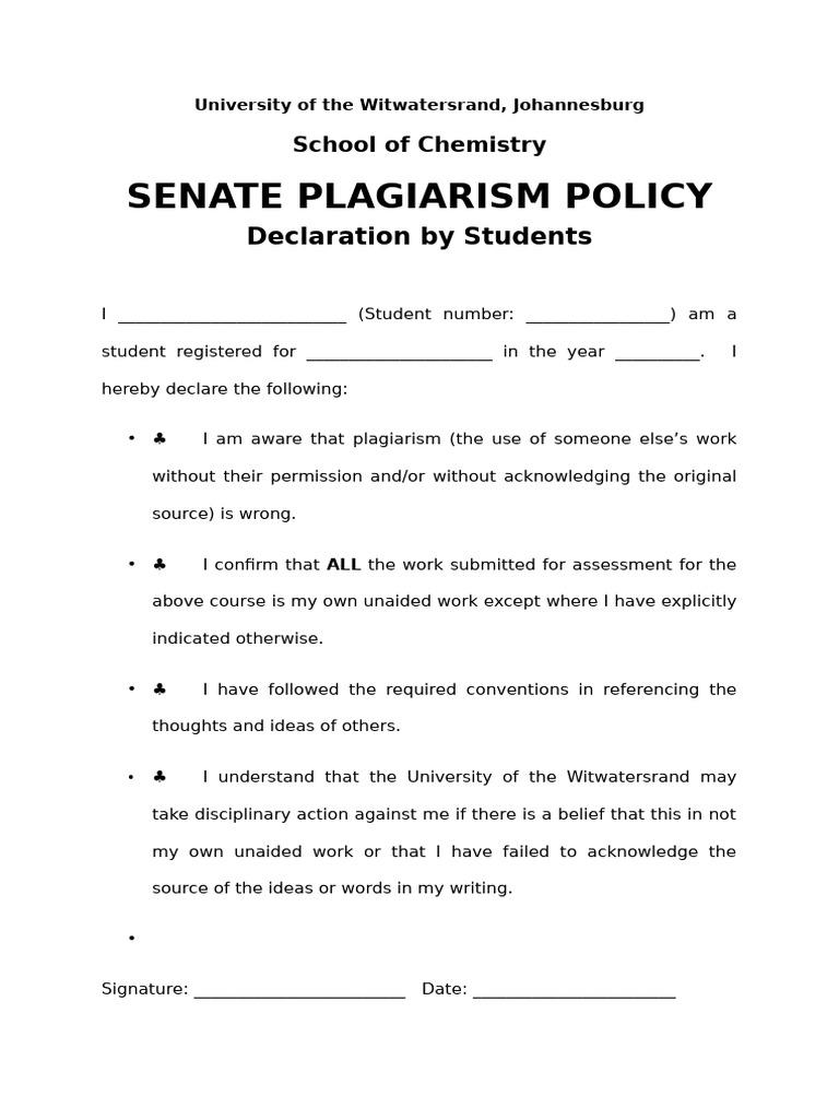 Plagiarism Declaration Form Chemistry 2022 | PDF