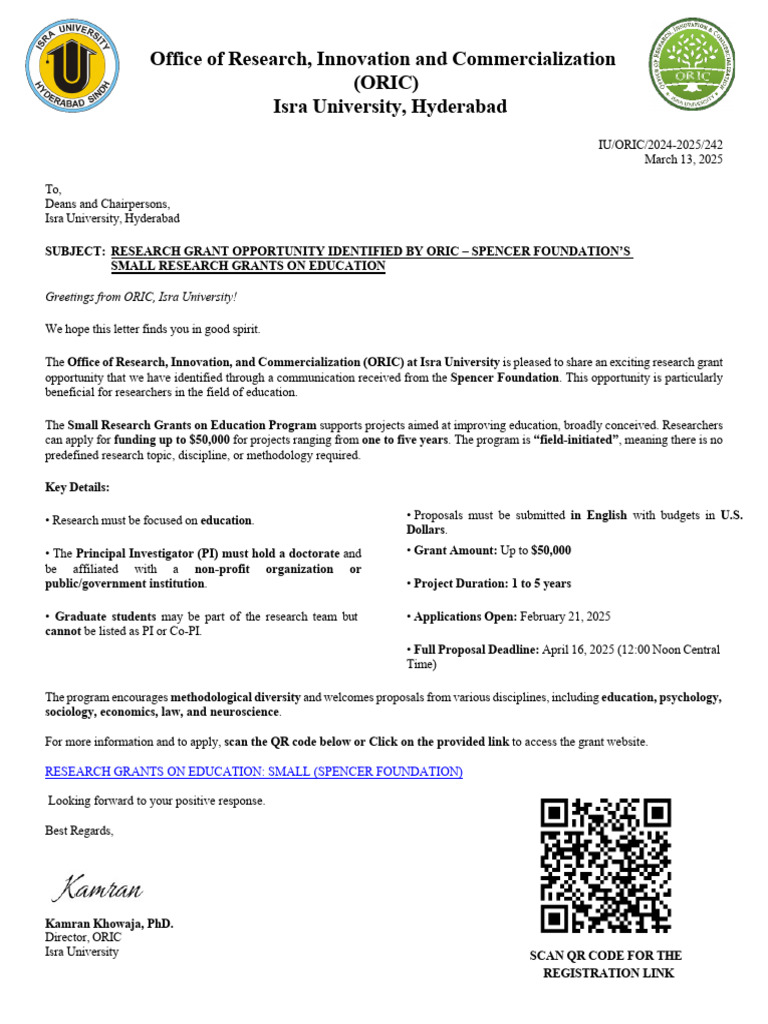 RESEARCH GRANT OPPORTUNITY IDENTIFIED BY ORIC - SPENCER FOUNDATION'S ...