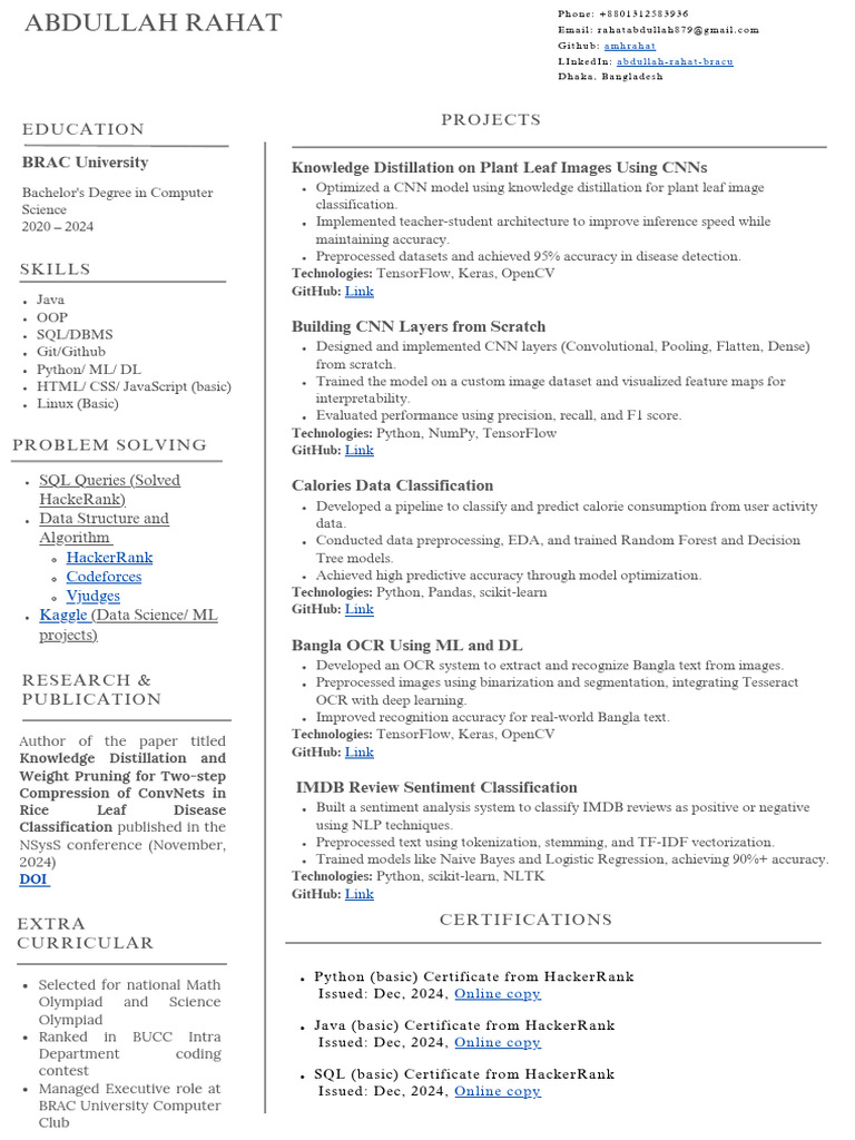 Abdullah Rahat Resume BRACU Python | PDF | Statistical Classification | Artificial Intelligence