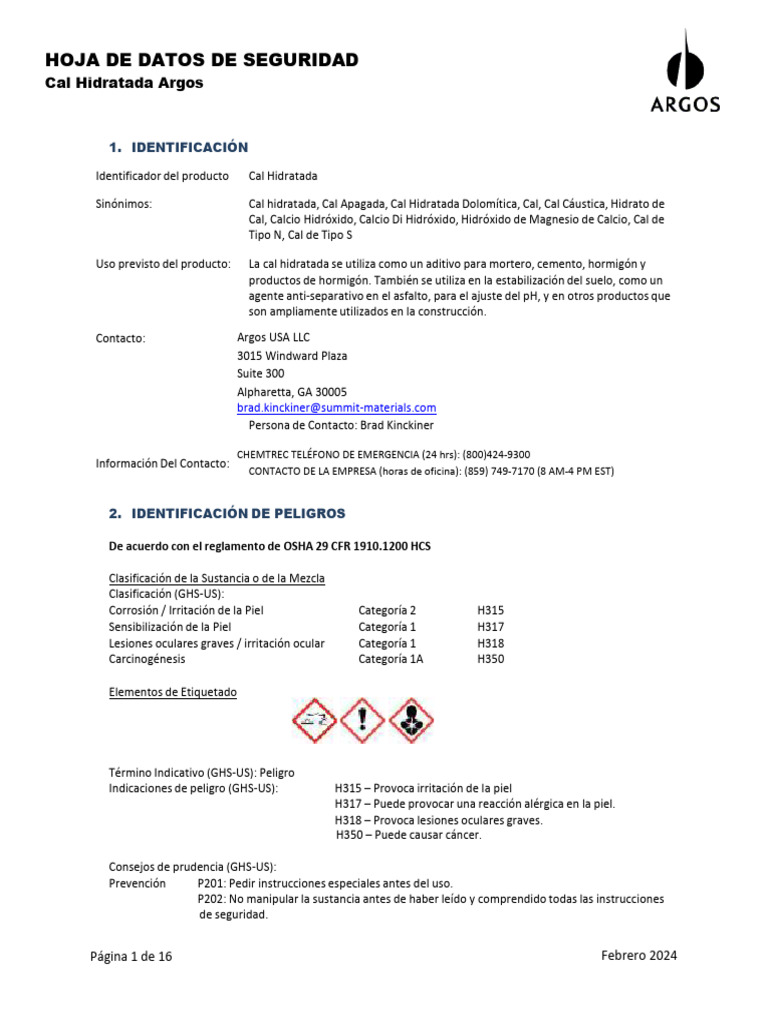 5 Argos Hydrated Lime Safety Data Sheet Espanol Feb 2024 | PDF ...