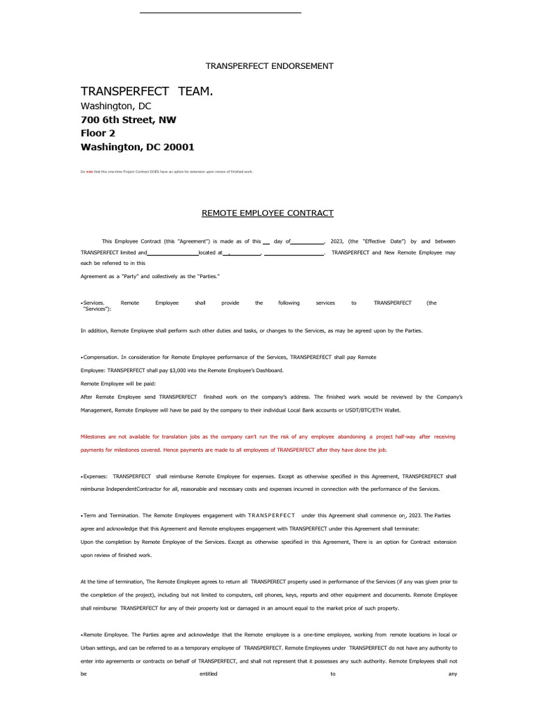TransPerfect Remote Employee Contract | PDF | Employment | Legal Remedy