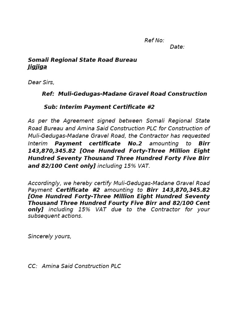 Interim Payment Cert for Road Project | PDF