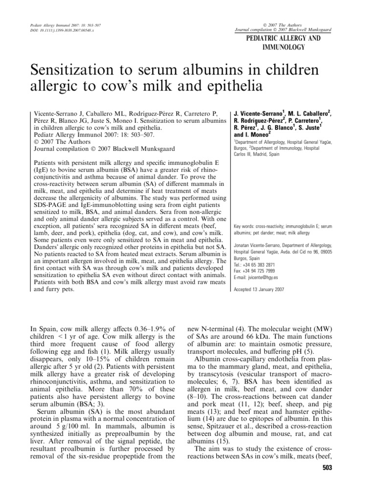 Sensitization To Serum Albumins in Children Allergic To Cow's Milk and ...