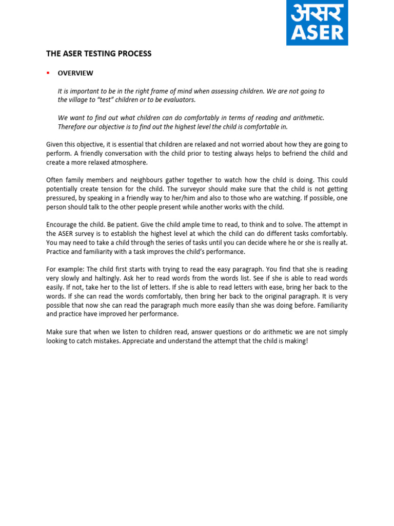 ASER Testing Process for Children | PDF