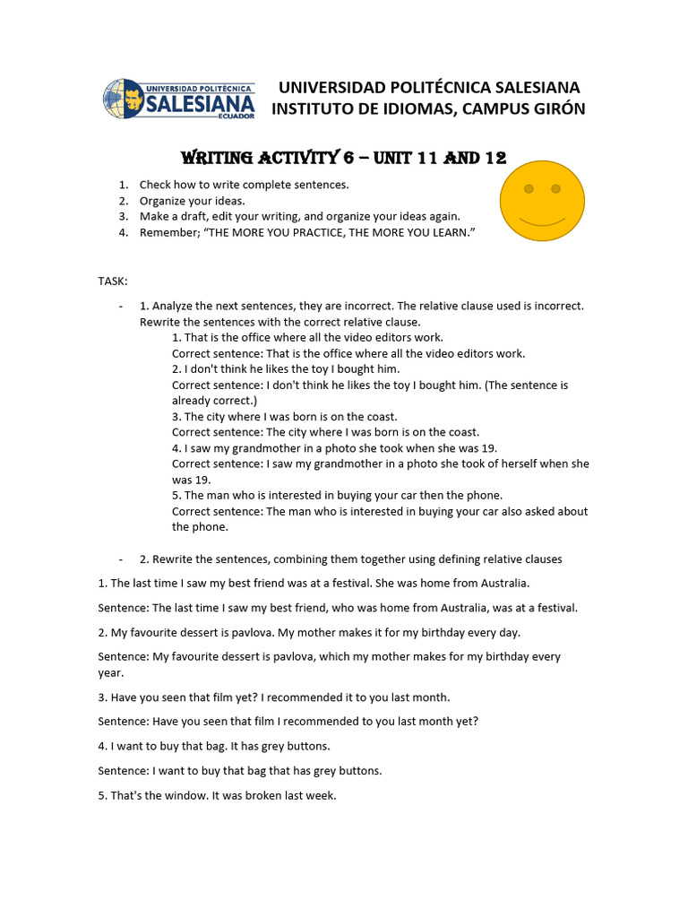 Writing Activity Unit 11 and 12 FD | PDF
