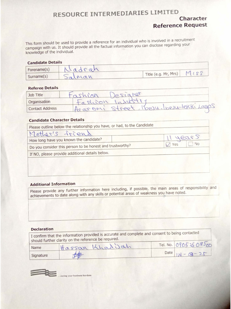 Character Reference Request Form | PDF