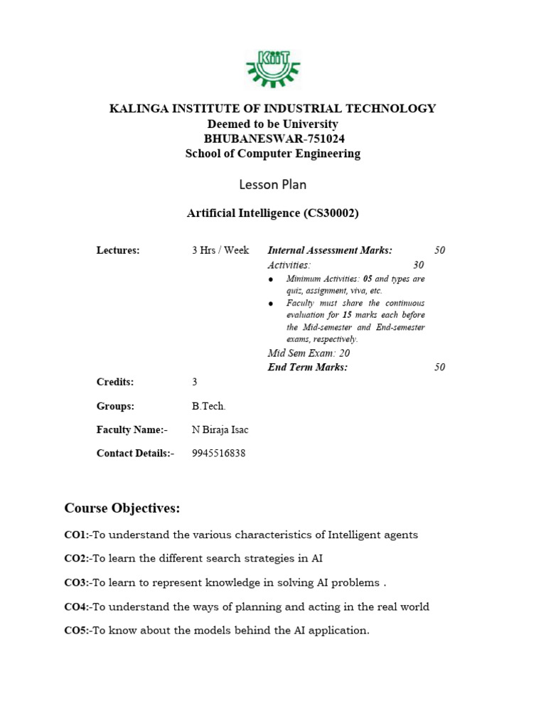 AI Course Lesson Plan - Kalinga Institute | PDF | Artificial ...