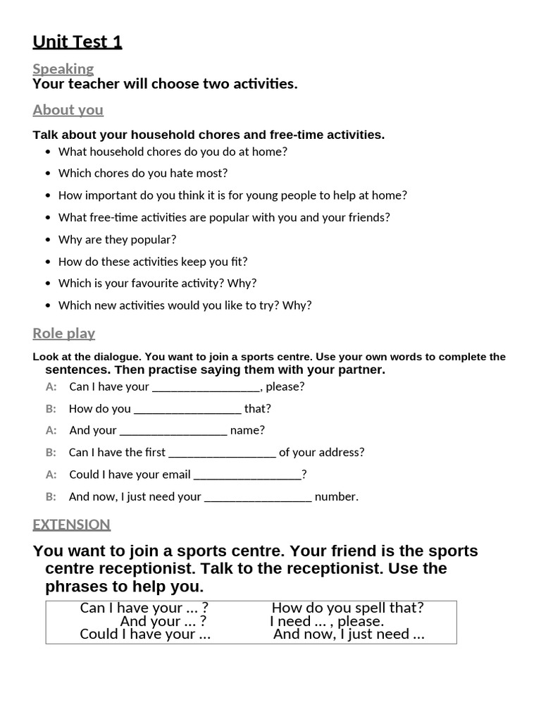 Unit Test 1: Speaking Activities Guide | PDF