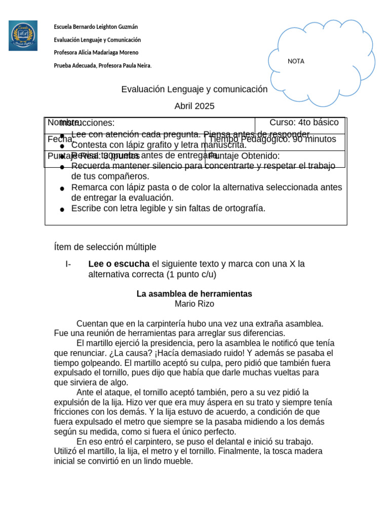Evaluación de Lenguaje 4to Básico 2025 | PDF