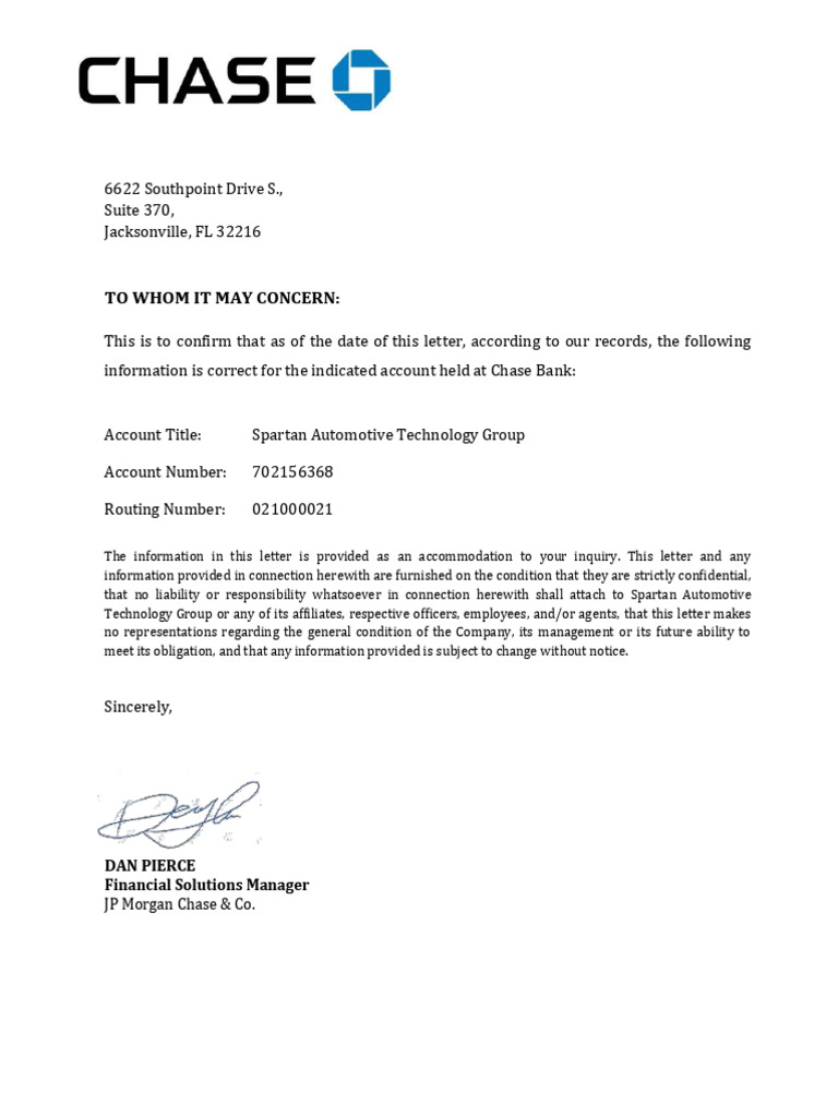 Chase Bank Confirmation Letter | PDF