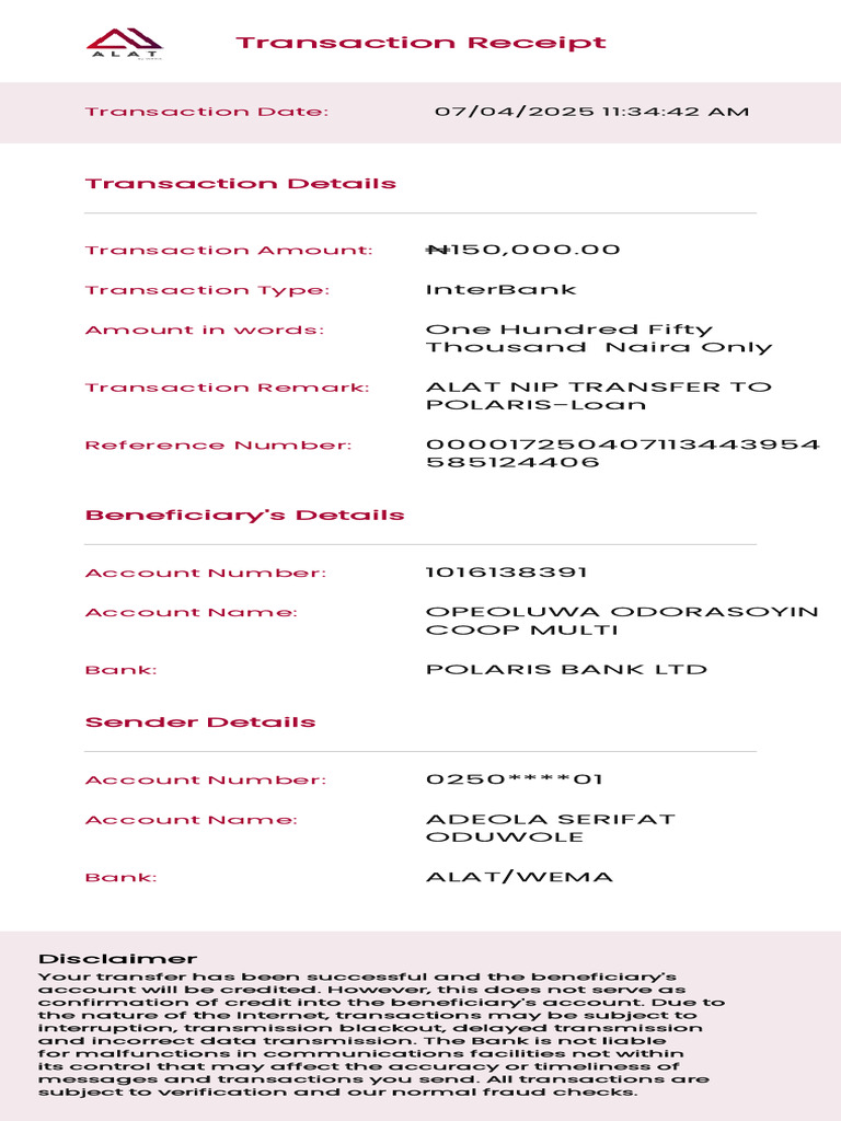 Successful Polaris Bank Transfer Receipt | PDF