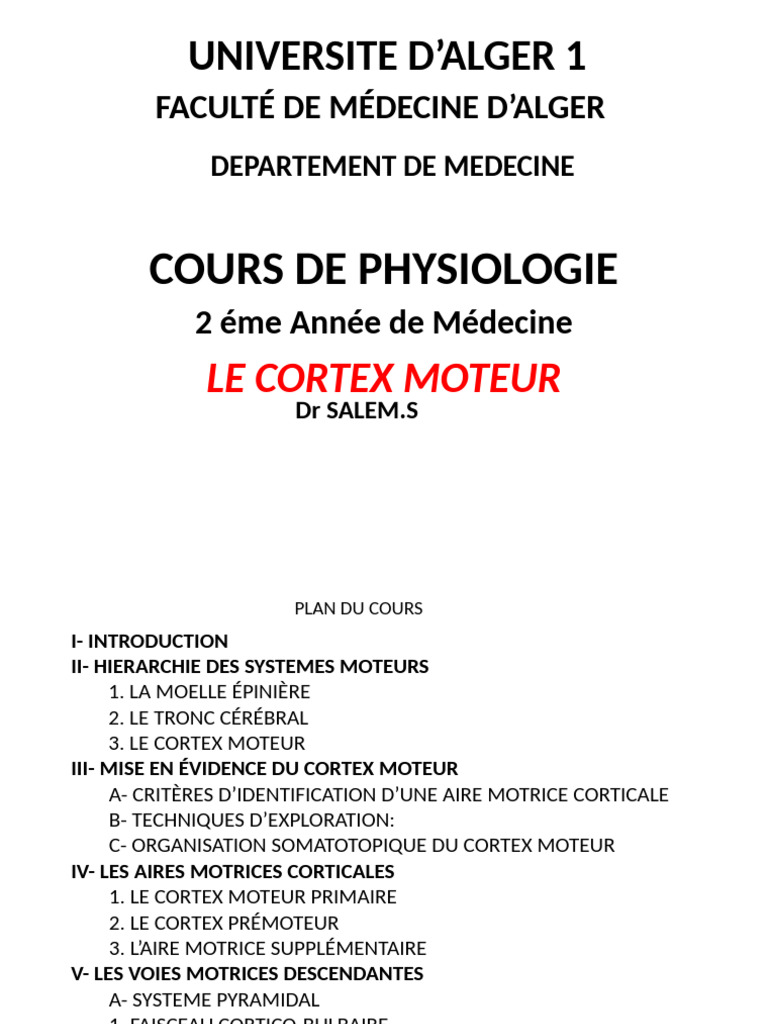 Le Cortex Moteur et ses Fonctions | PDF | Cortex cérébral | Nerf