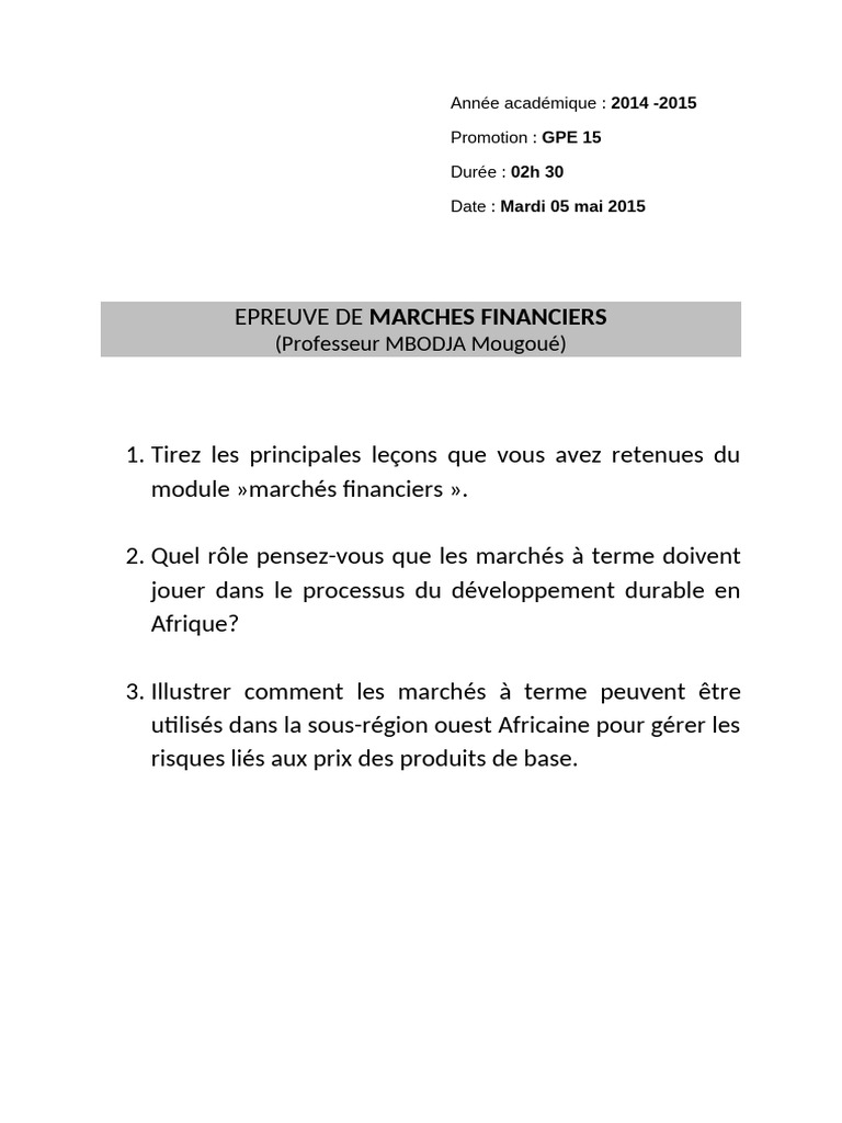 Leçons sur les marchés financiers en Afrique | PDF