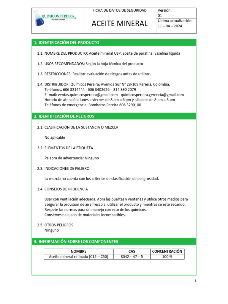 FDS Aceite Mineral | PDF | Agua | Combustión