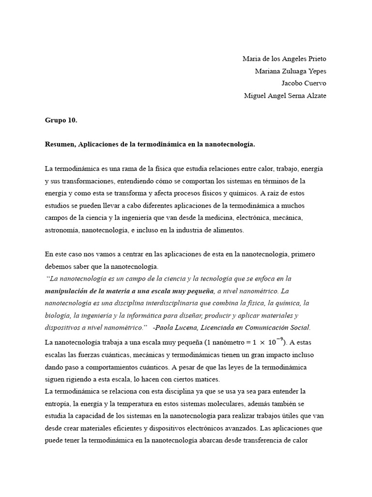 Resumen Aplicaciones Nano-Termo | PDF | Nanotecnología | Termodinámica