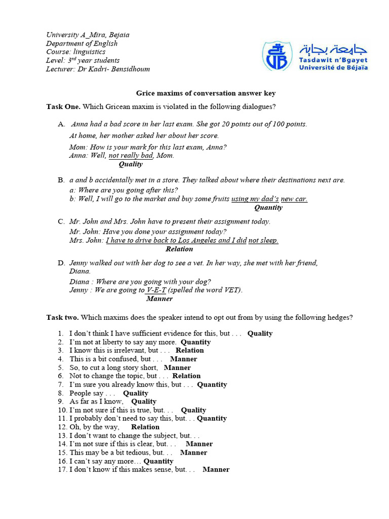 Maxims of Conversation Answer Key. L3. 2021. DR Kadri - Copie | PDF