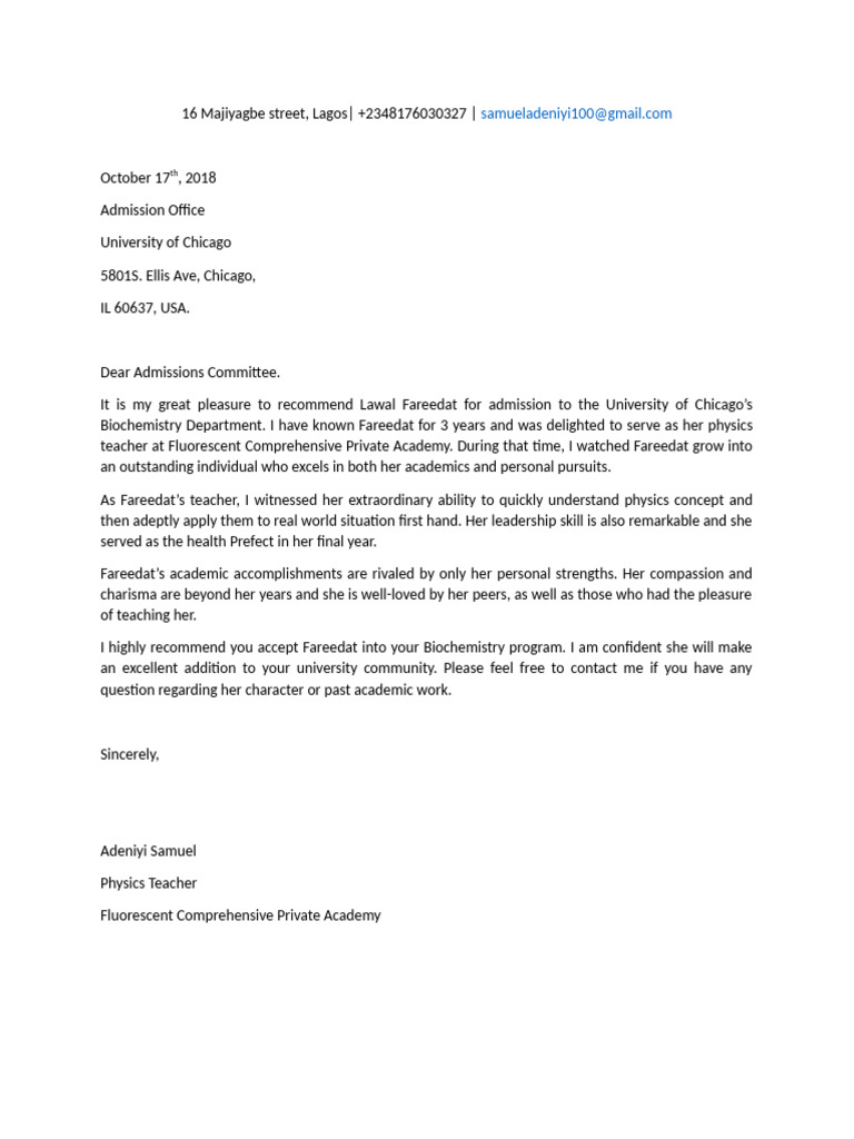 Fareedah Recommendation Letter | PDF