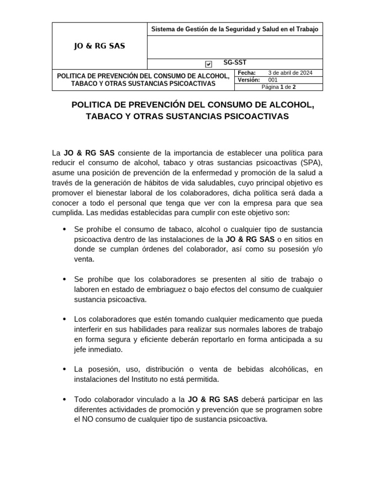 Política de Prevención Del Consumo de Alcohol, Tabaco y Otras Sustancias Psicoactivas | PDF ...