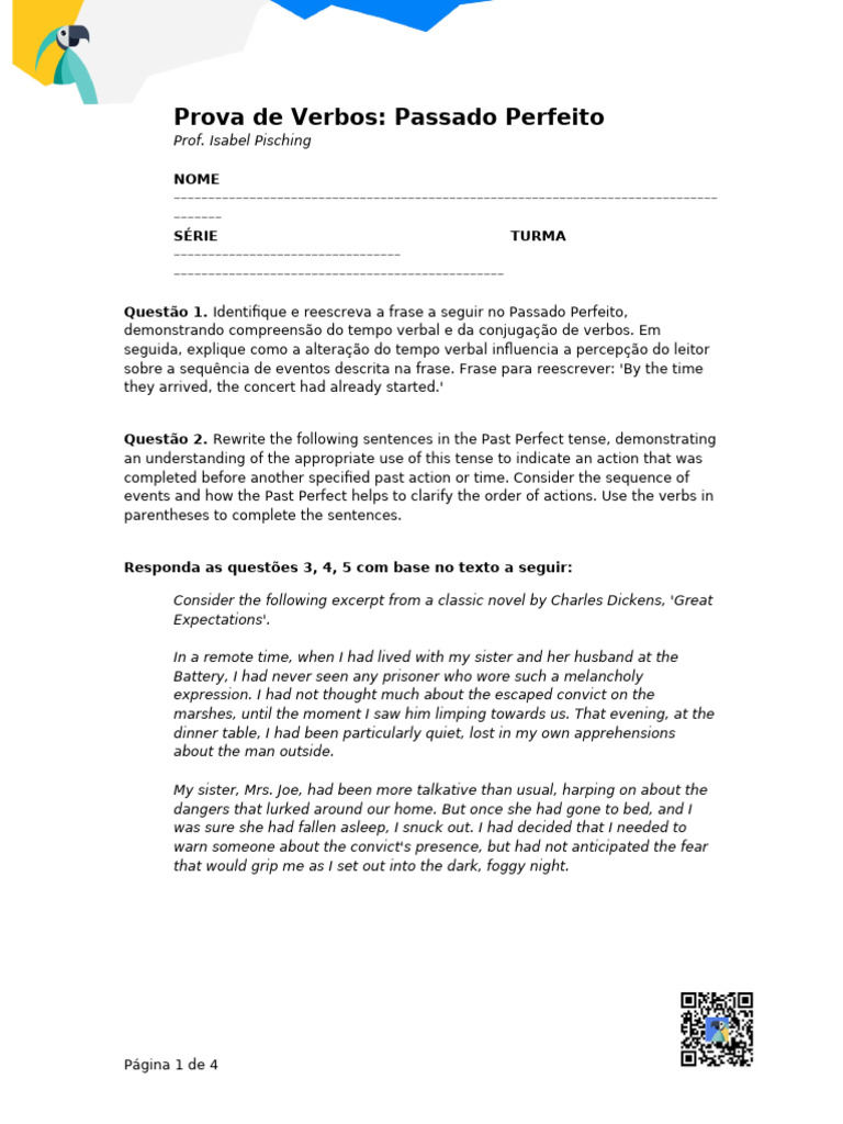 Prova de Verbos - Passado Perfeito | PDF | Perfect (Grammar) | Verb