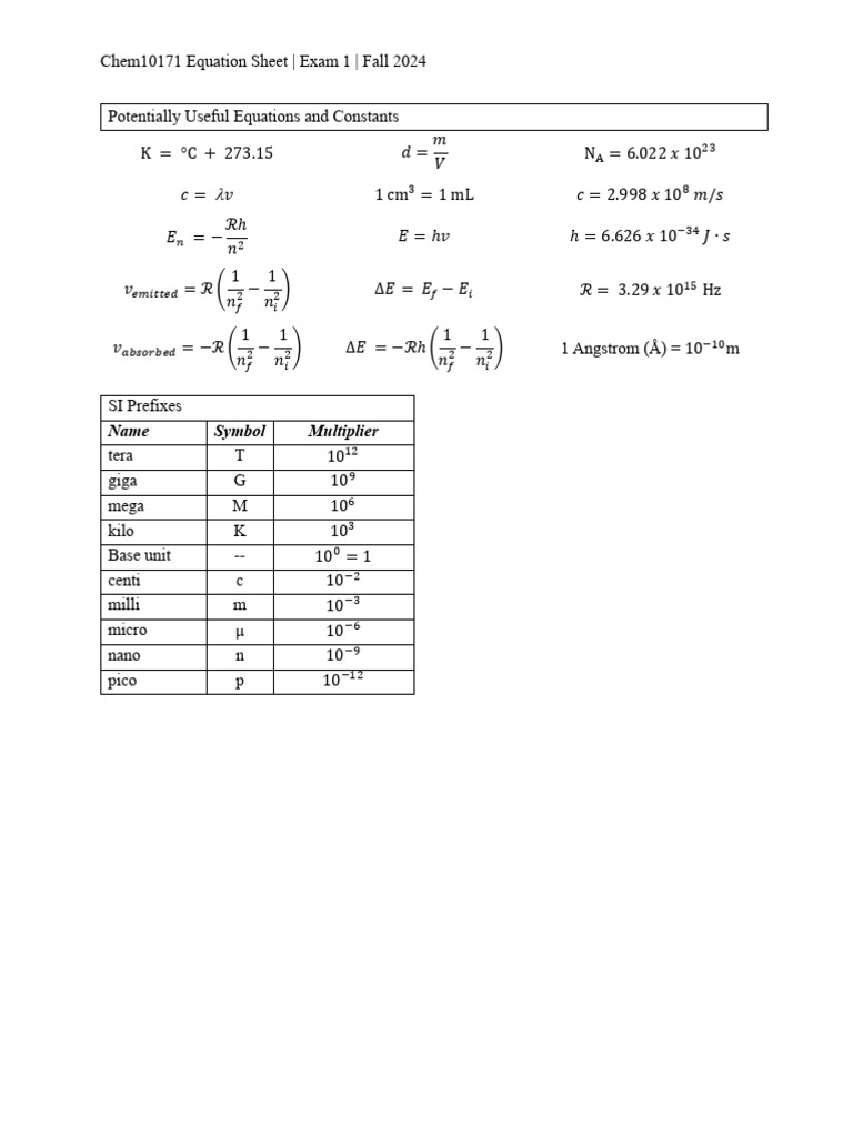 Exam 1 Equation Sheet | PDF
