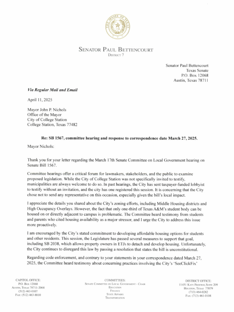 Sen. Bettencourt Letter To Colege Station Re SB 1567 | PDF