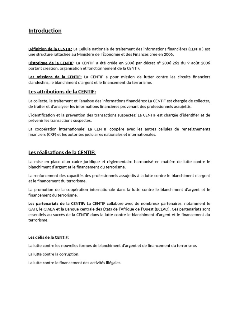 Définition et missions de la CENTIF | PDF | Blanchiment d'argent | Économie
