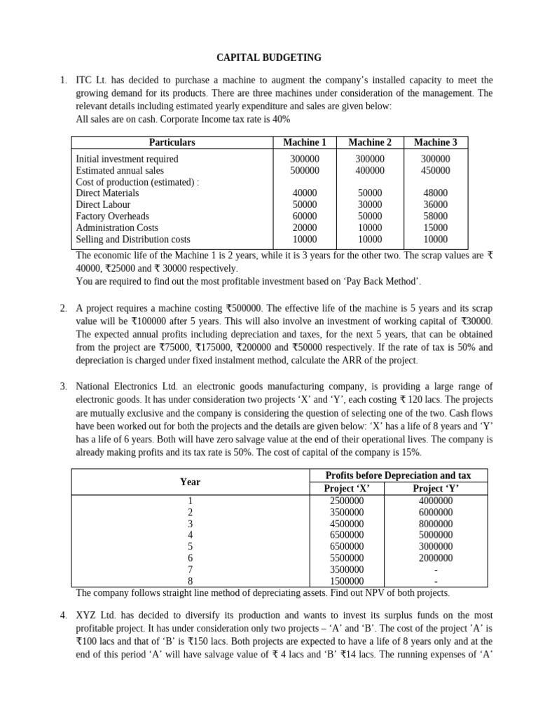 Capital Budgeting Problem Sheet | PDF | Net Present Value | Depreciation