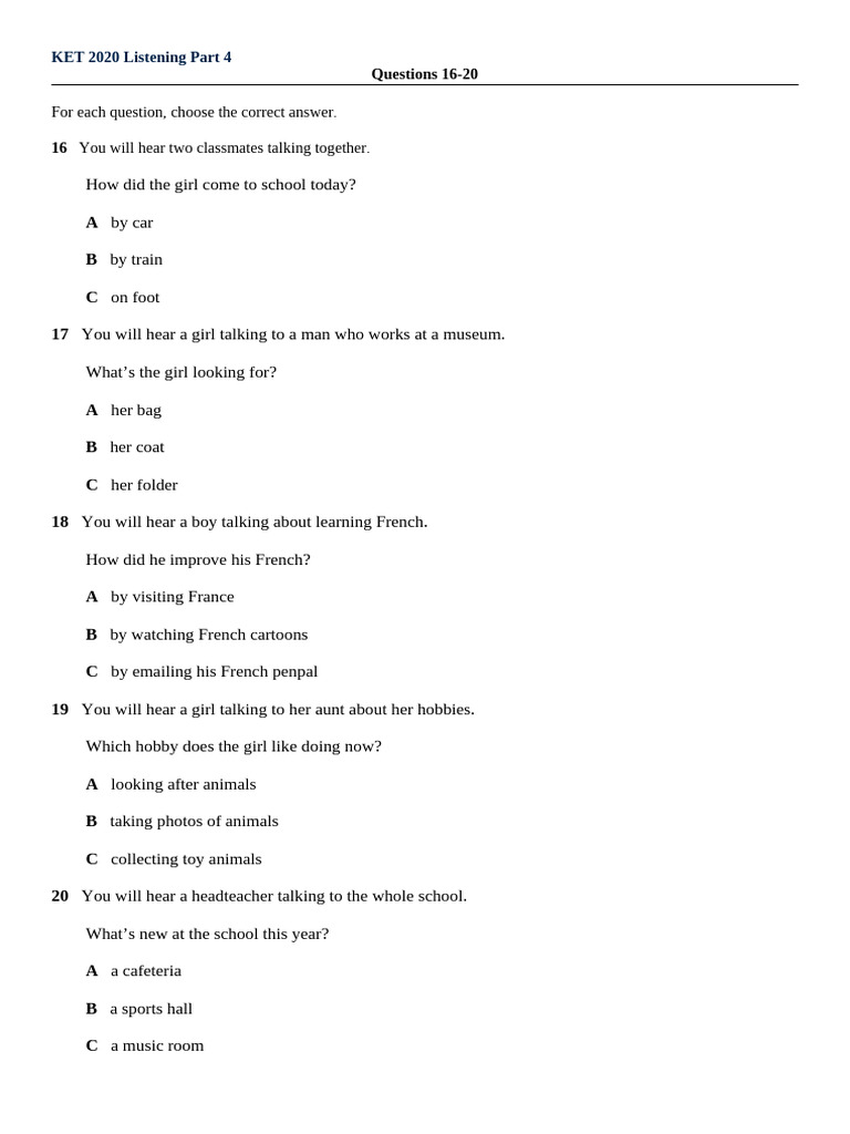 KET Listening Part 4 Overview | PDF