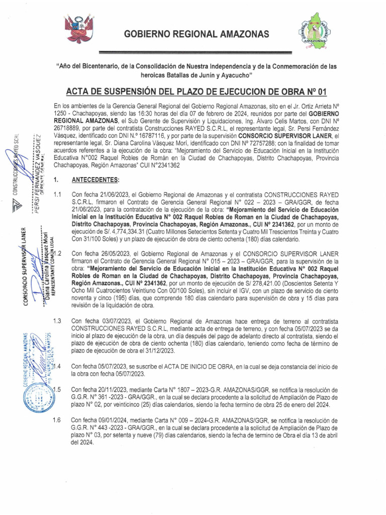 Acta de Suspension de Plazo de Ejecucion de Obra N°1 | PDF