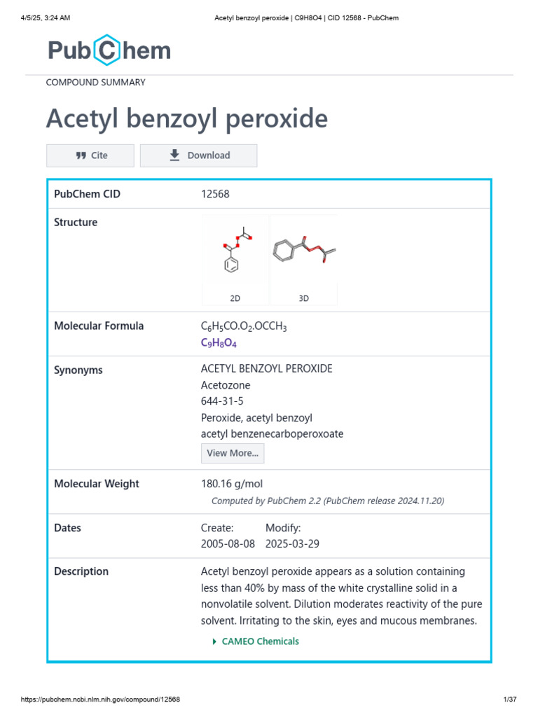 Acetyl benzoyl peroxide _ C9H8O4 _ CID 12568 - PubChem | PDF