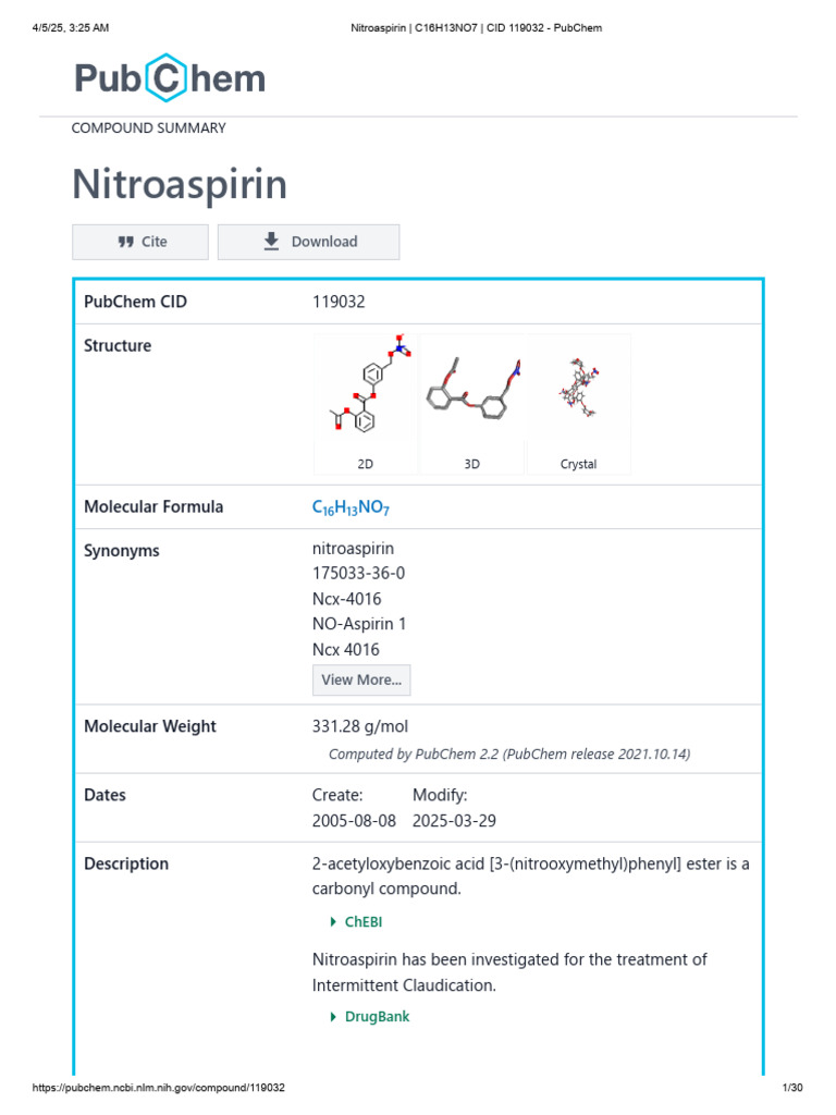 Nitroaspirin - C16H13NO7 - CID 119032 - PubChem | PDF