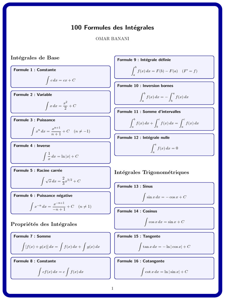 Formules d'Intégrales Trigonométriques | PDF | Fonction trigonométrique ...